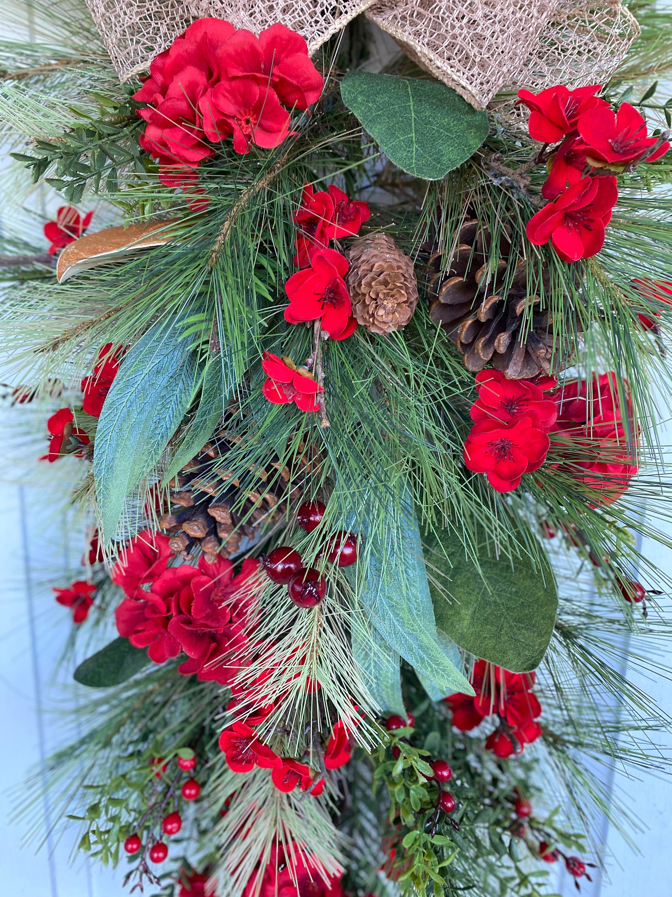 Rustic Holiday Teardrop Swag, Red Blossom Christmas Swag, Long Needle ...