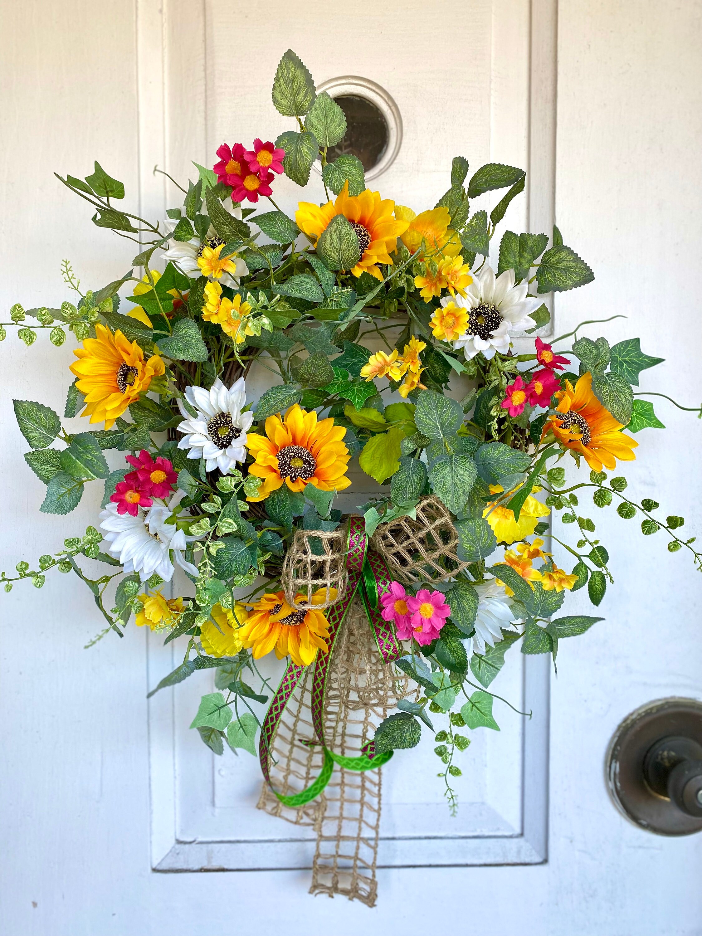 Sunflower Wreath for Front Door, Sunflower and Daisy Wreath, Front Door ...