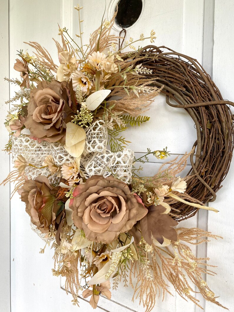 Boho Wreath, Neutral Home Decor Wreath With Rose's, Everyday Wreath ...