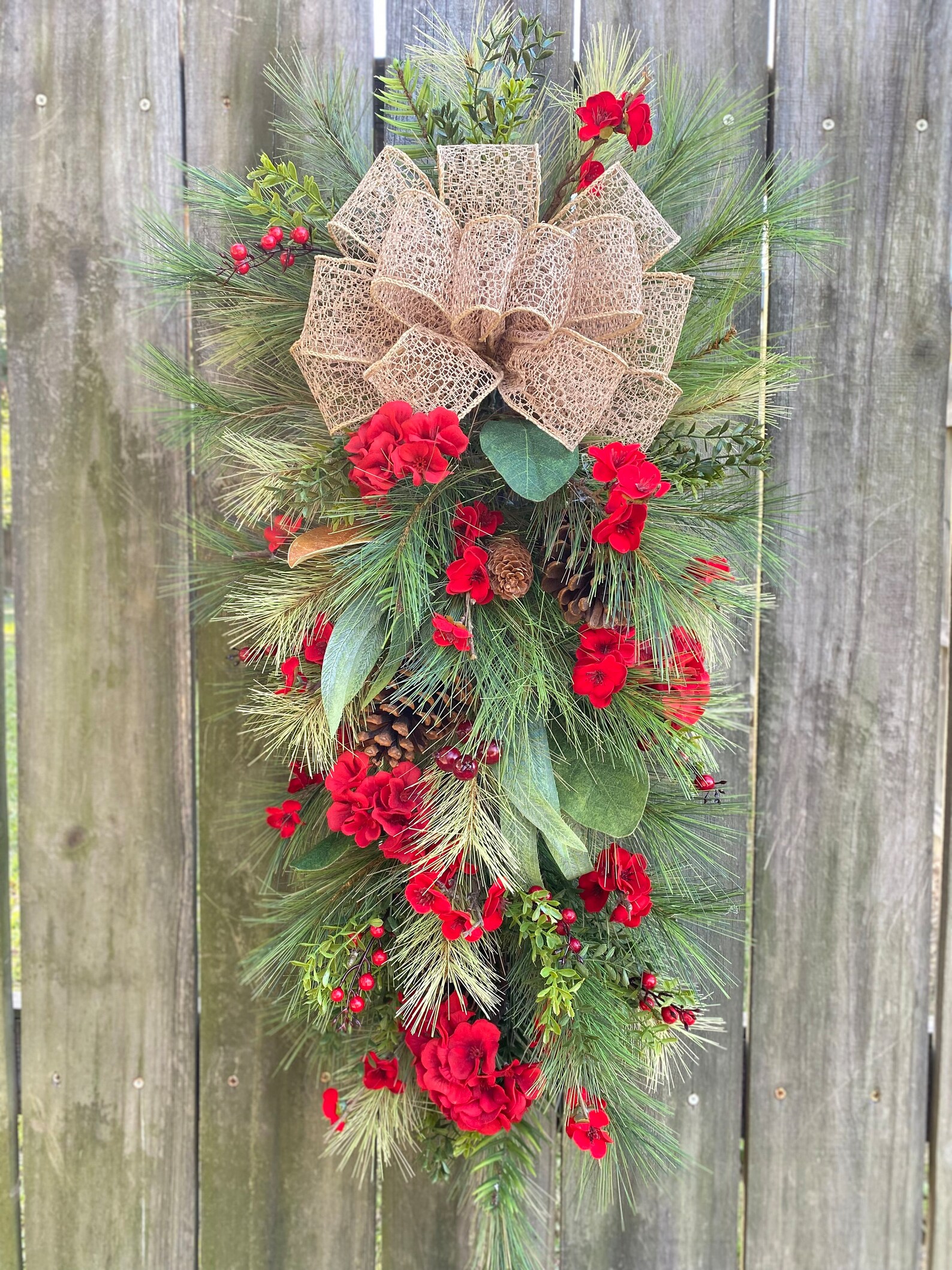 Rustic Holiday Teardrop Swag, Red Blossom Christmas Swag, Long Needle ...