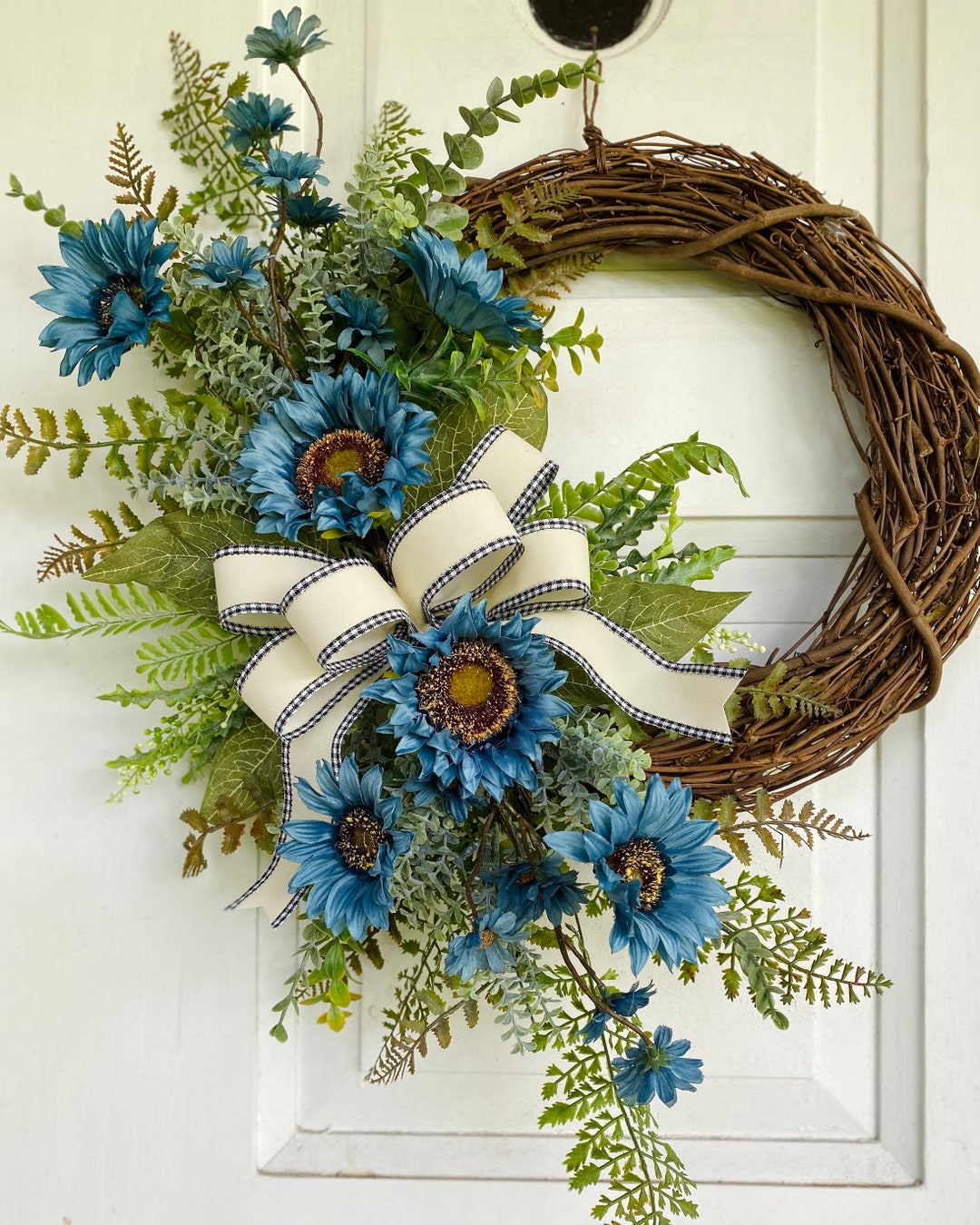 Smoke Blue Sunflower Wreath, Everyday Sunflower Wreath for Front Door ...