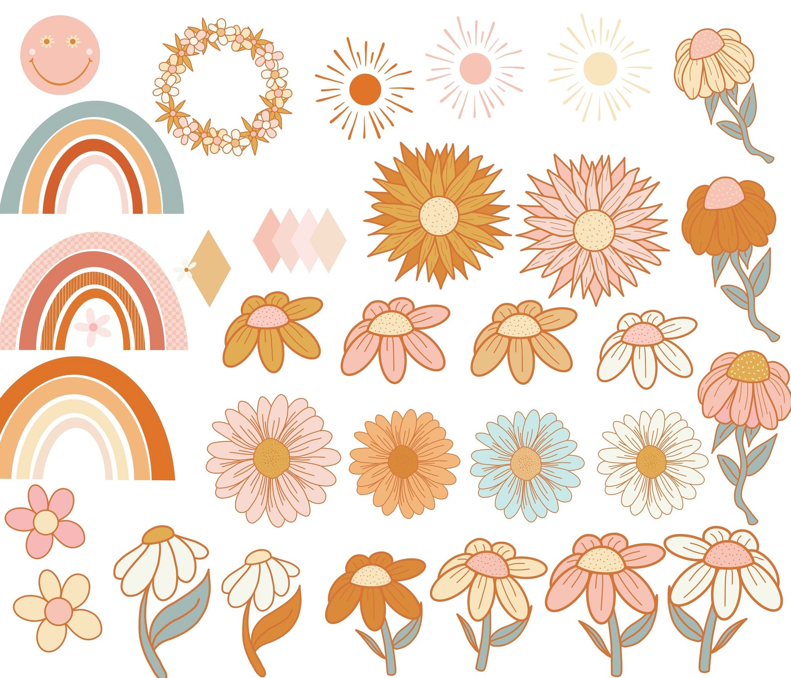 Groovy Flowers Clipart Bundle Pastell Pink Funky Elemente, Hippie ...