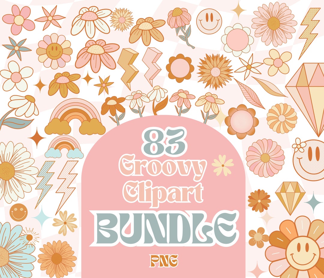 Groovy Clipart Bundle Flowers Pastell Pink Funky Elemente, Hippie ...