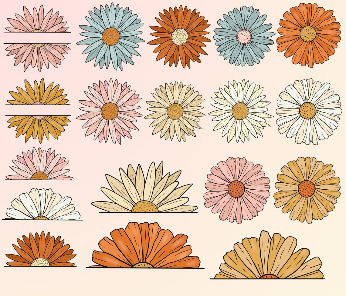 Groovy Flowers Clipart Set Pastell Pink Elemente, Hippie Flowers 33 Png ...