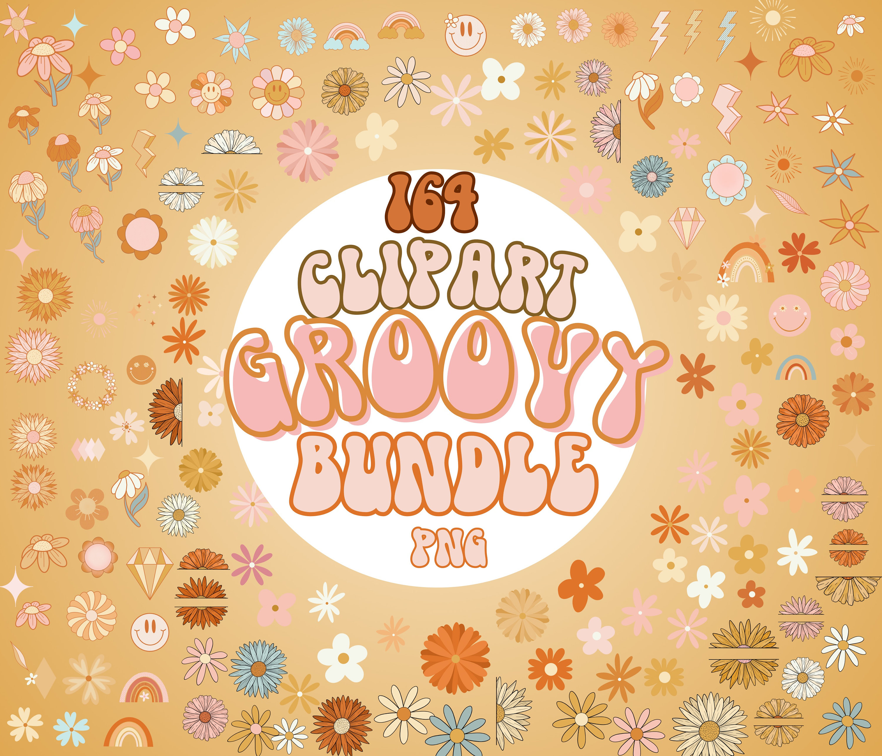 Groovy Flowers Clipart Bundle 164 Png Elements Pastell Pink Funky ...