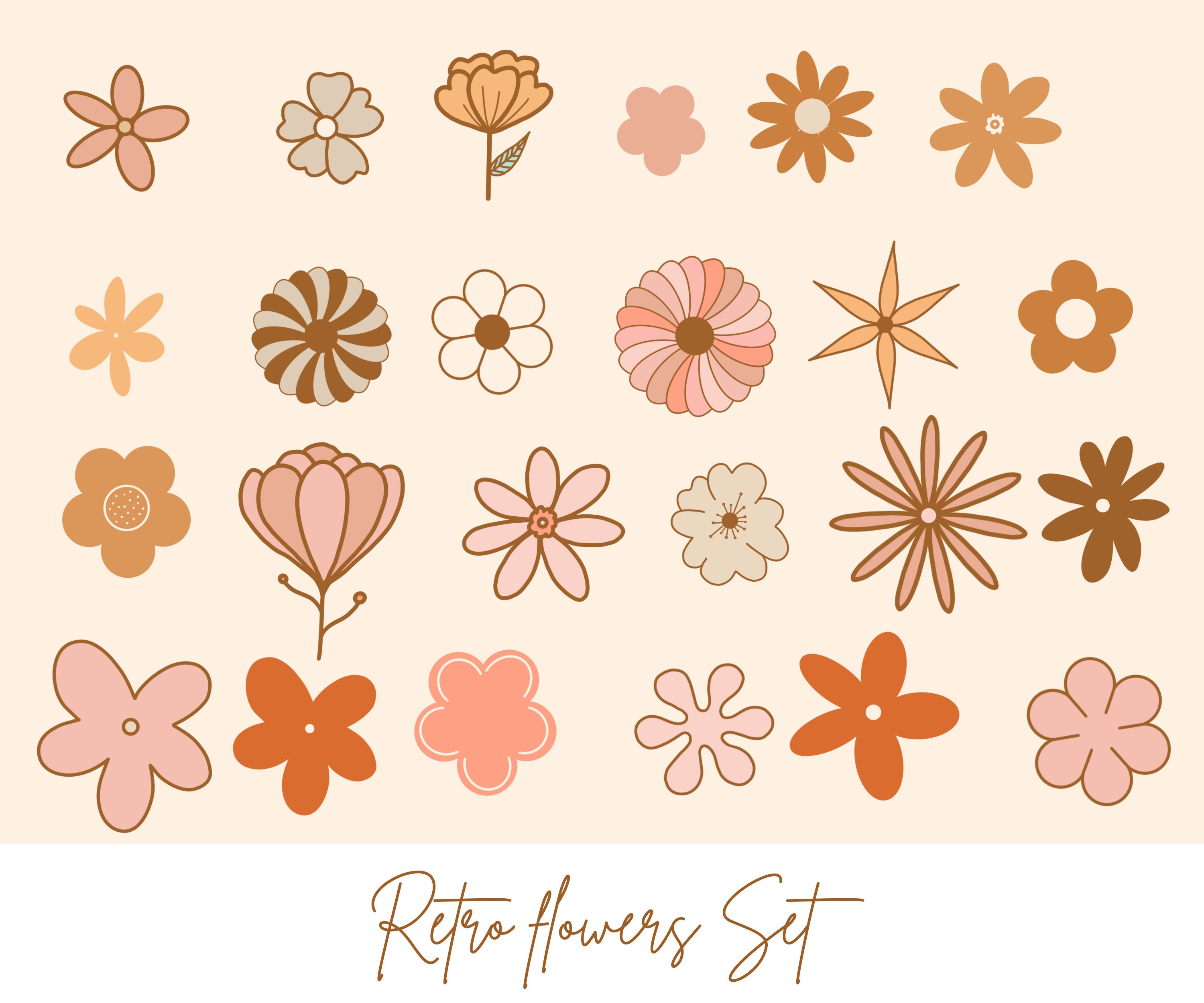 Retro Flower Clipart Set , Hippie Flowers, Retro Nostalgic Botanical 25 ...