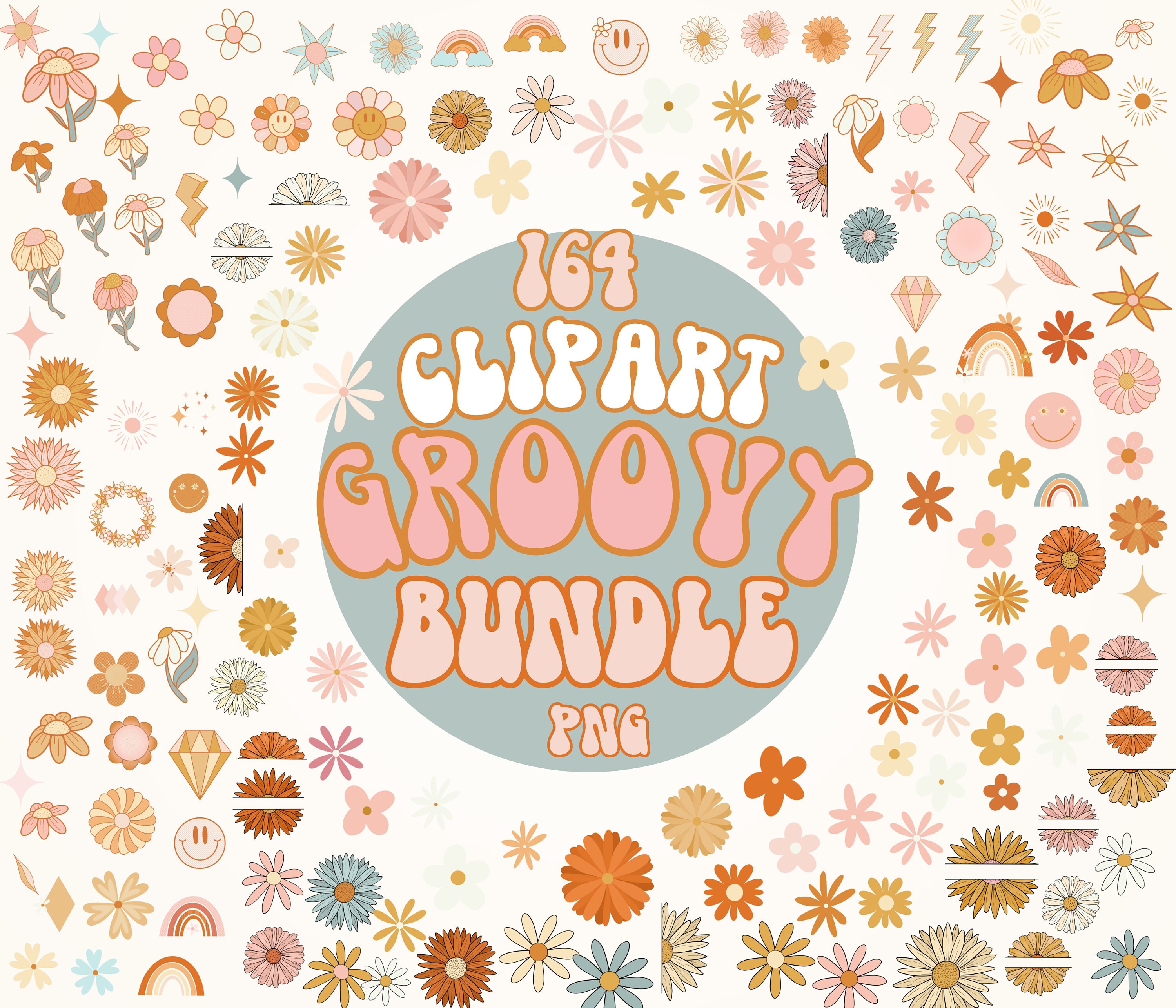 Groovy Clipart Bundle 164 Png Elements Flowers Pastell Pink Funky ...