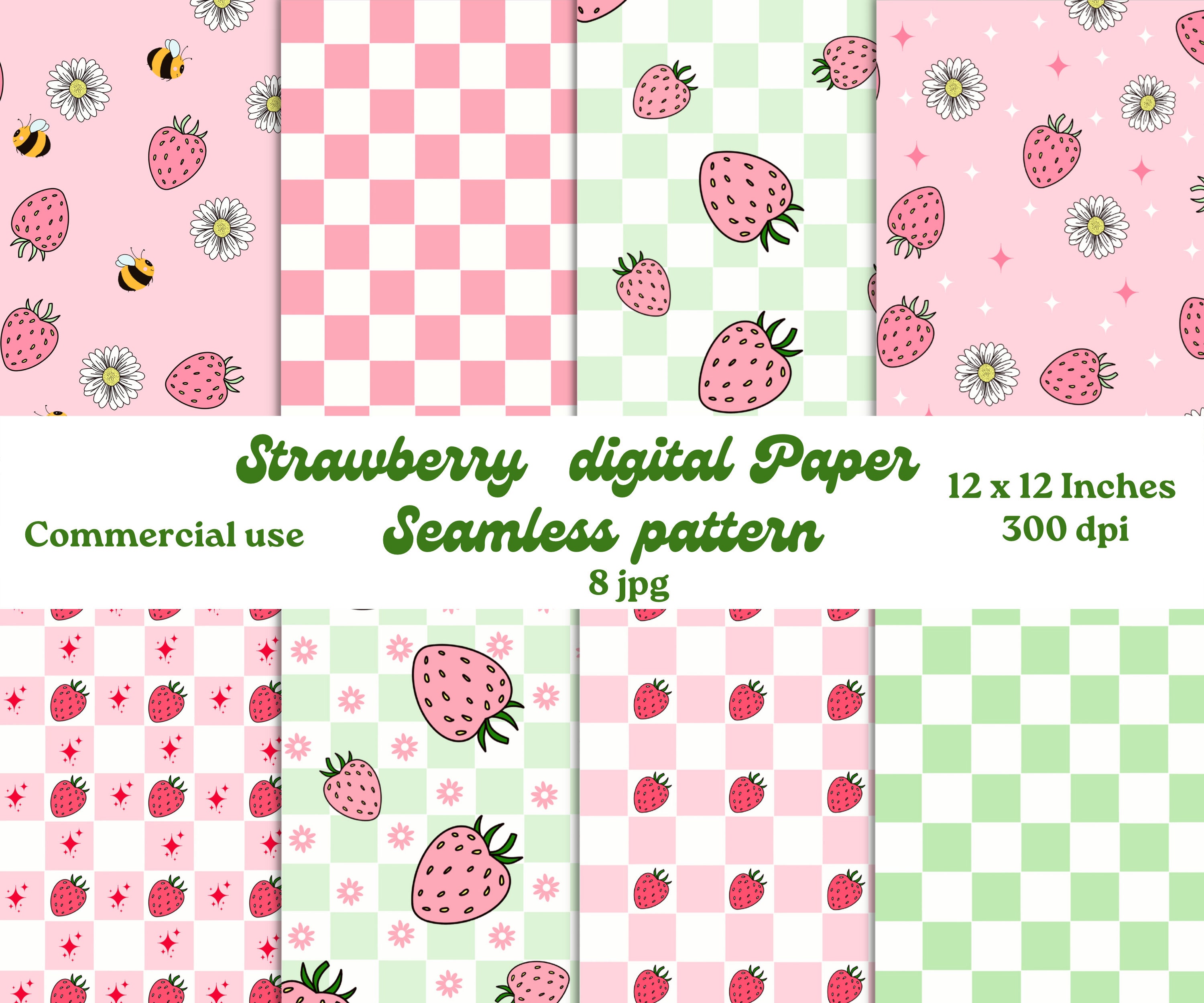 Strawberry Daisy Digital Paper, Seamless Pattern Commercial Use Funky ...