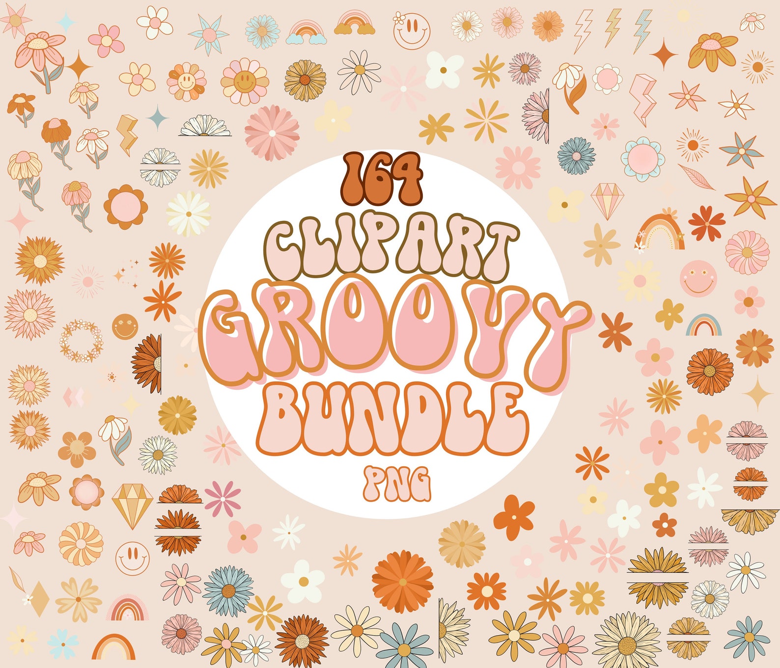 Groovy Flowers Clipart Bundle 164 Png Elements Pastell Pink Funky ...