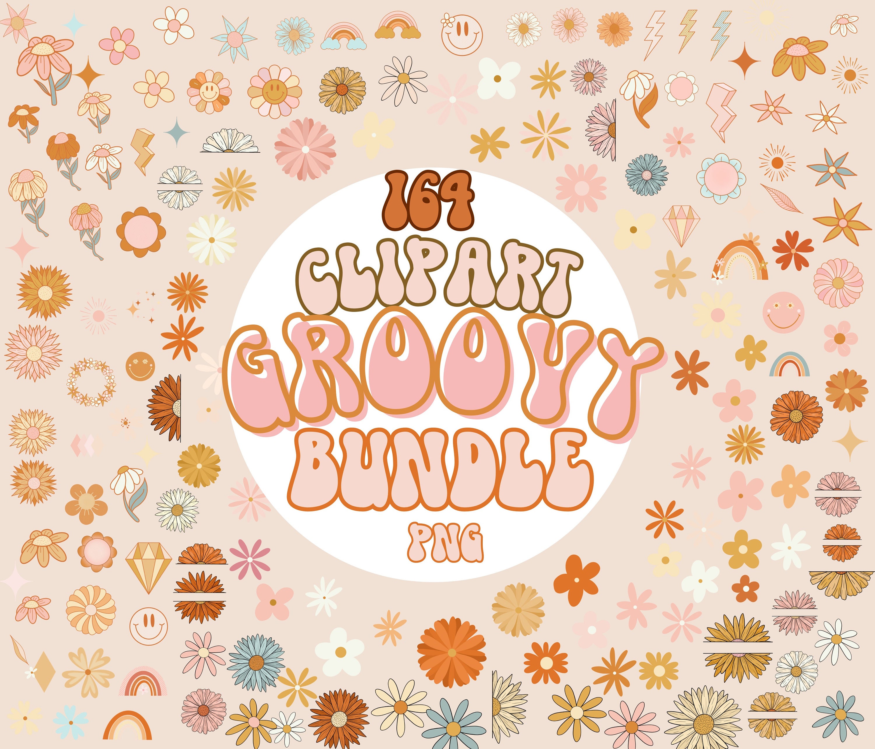 Groovy Flowers Clipart Bundle 164 Png Elements Pastell Pink Funky ...