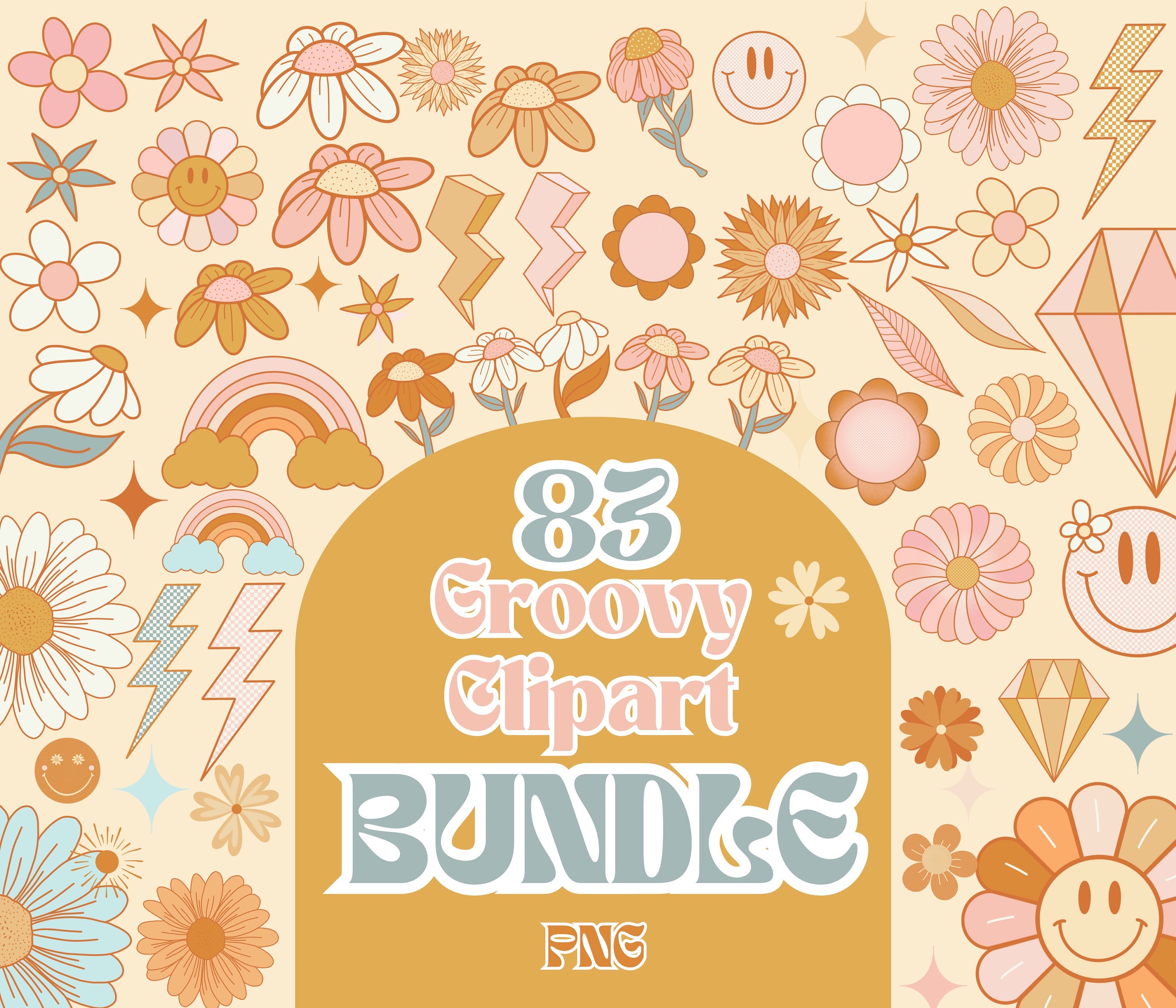 Groovy Flowers Clipart Bundle Pastell Pink Funky Elemente, Hippie ...