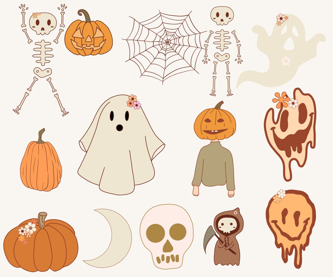 Groovy Halloween Clipart Png Elements 300dpi 22 Clip Art Pumpkin Ghost ...