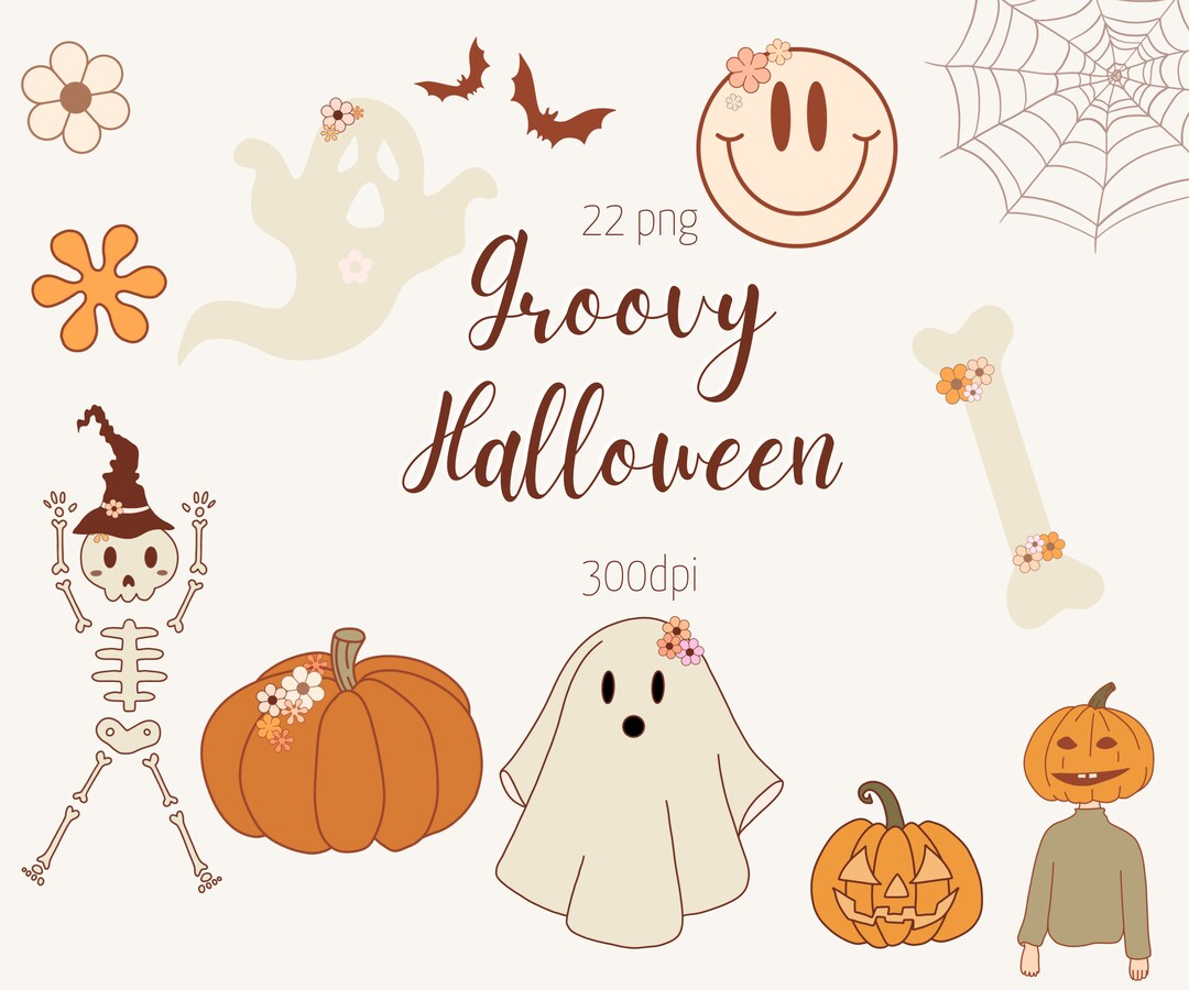 Groovy Halloween Clipart Png Elements 300dpi 22 Clip Art Pumpkin Ghost ...