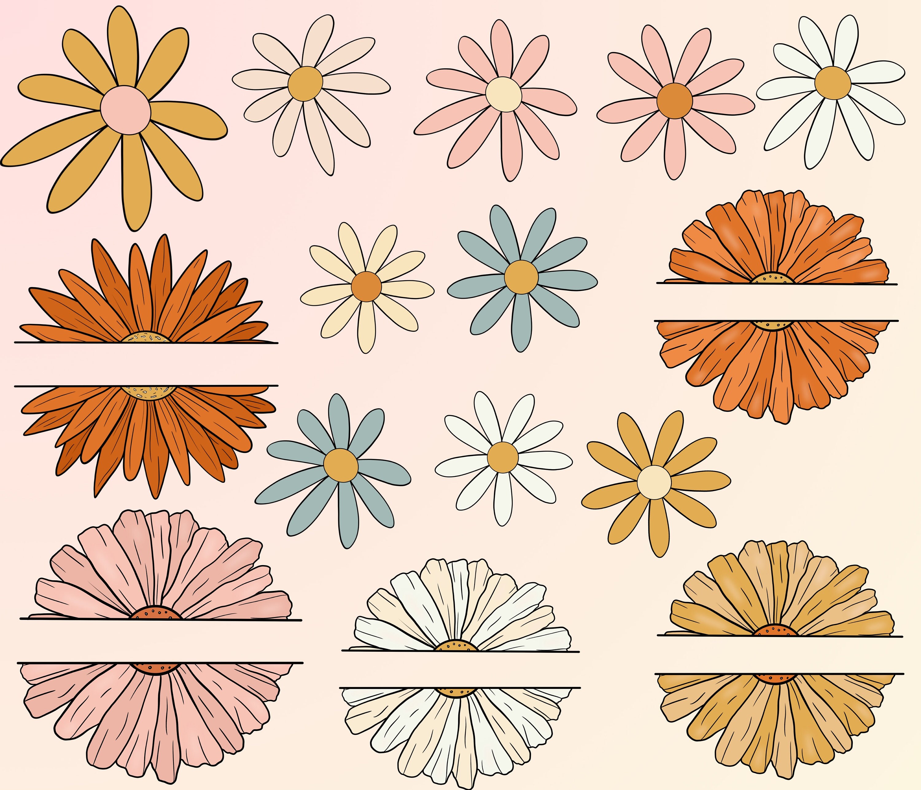 Groovy Flowers Clipart Bundle 164 Png Elements Pastell Pink Funky ...