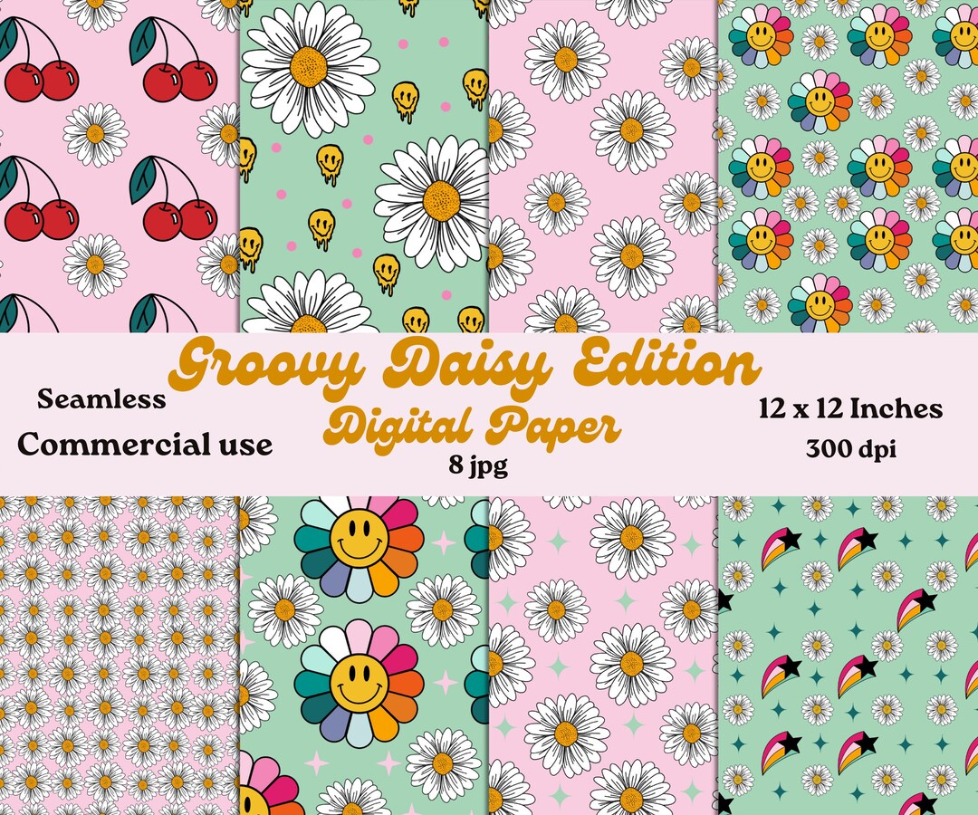 Groovy Daisys Y2k Digital Paper, Seamless Pattern Commercial Use Funky ...