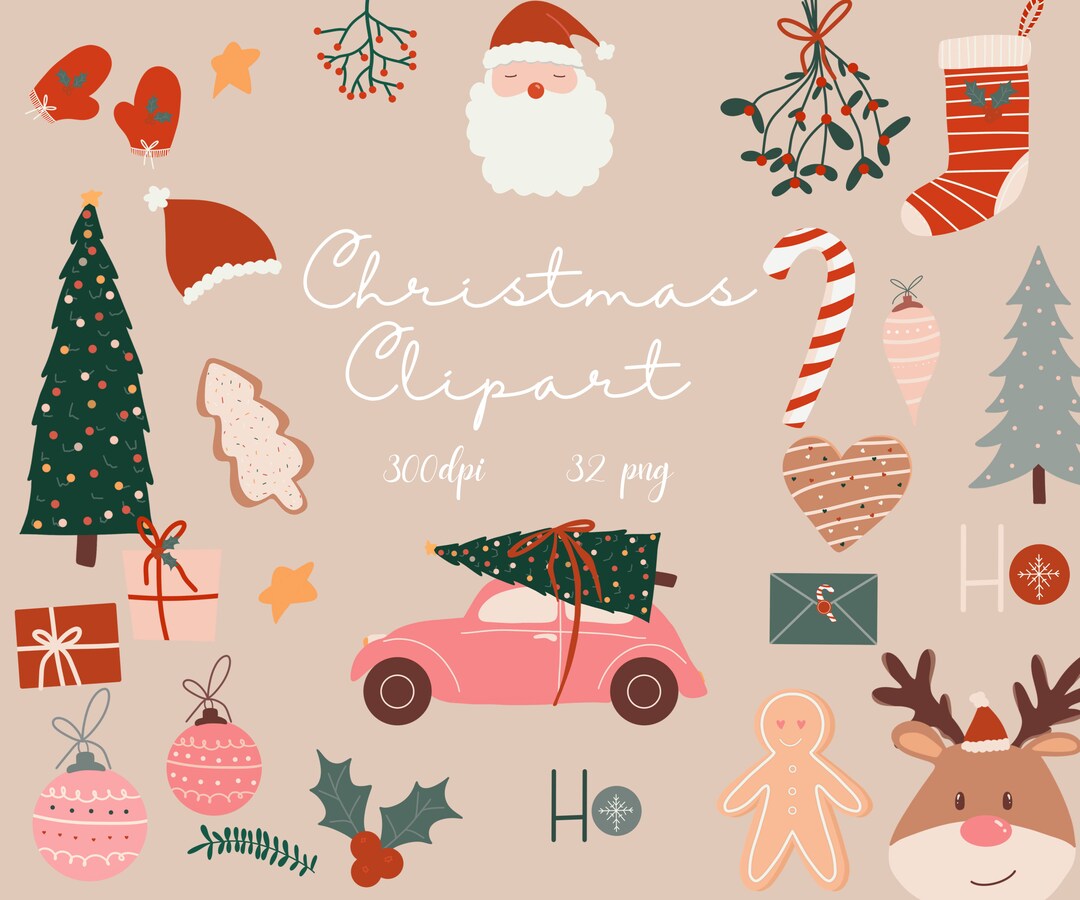 Christmas Clipart Cute Cozy Santa Tree Gifts Clipart Set 32 Png ...