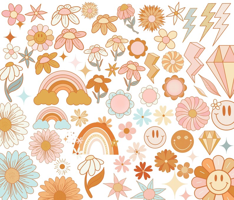 Groovy Flowers Clipart Bundle Pastell Pink Funky Elemente, Hippie ...