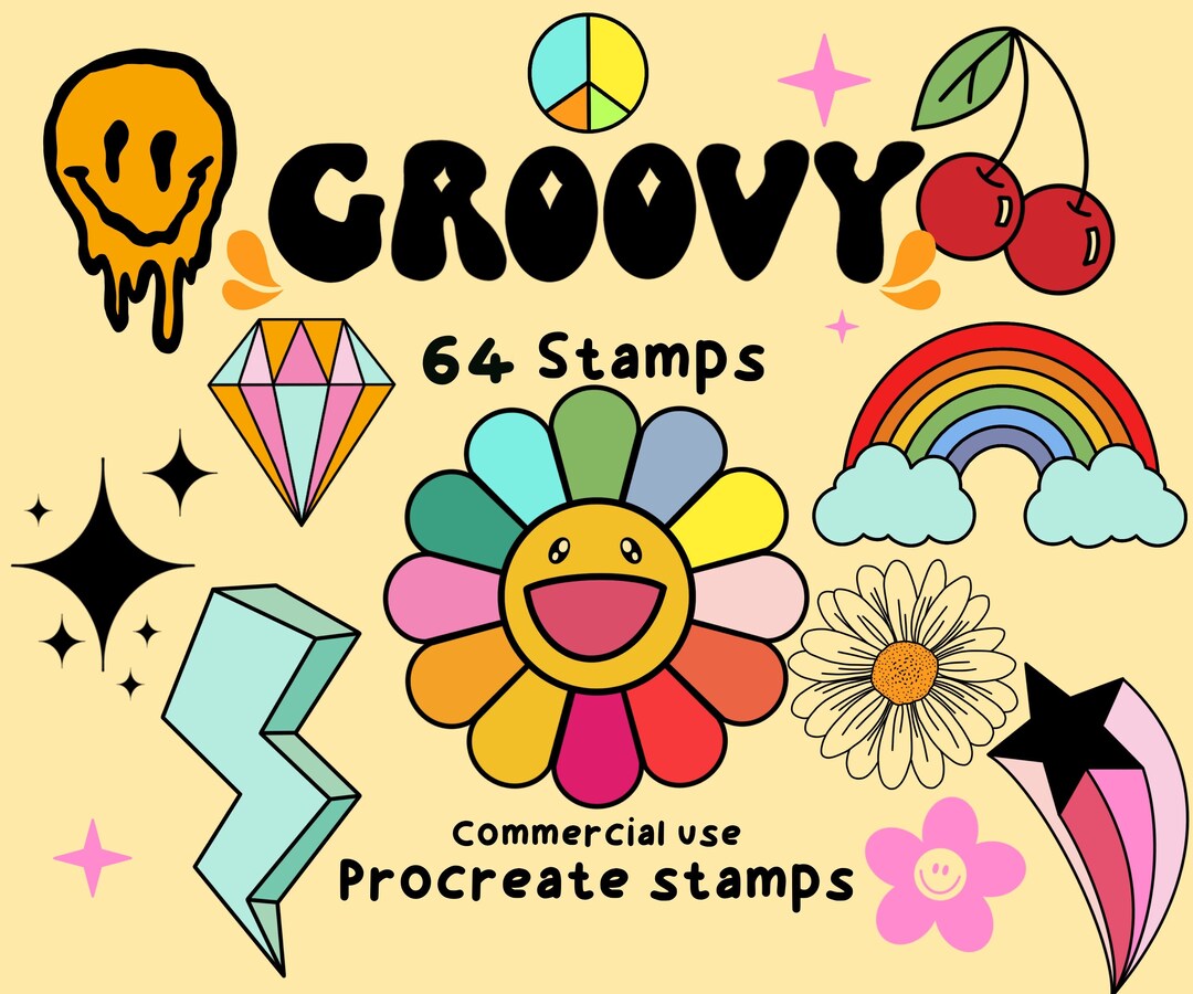 Groovy Procreate Stamps Set 64 Stamps Retro Elements Commercial Use ...