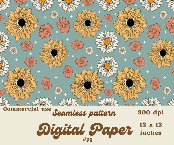 Retro Flower Digital Paper Commercial Use Craft Paper | Etsy