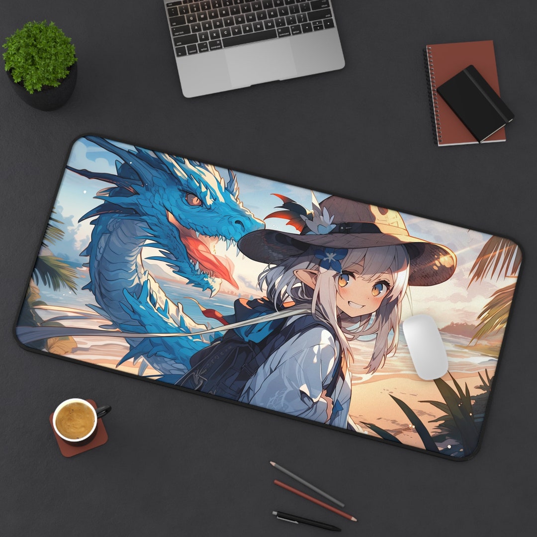 Anime Girl and Mythical Dragon Desk Mat Large Anime Desk Mat Anime ...