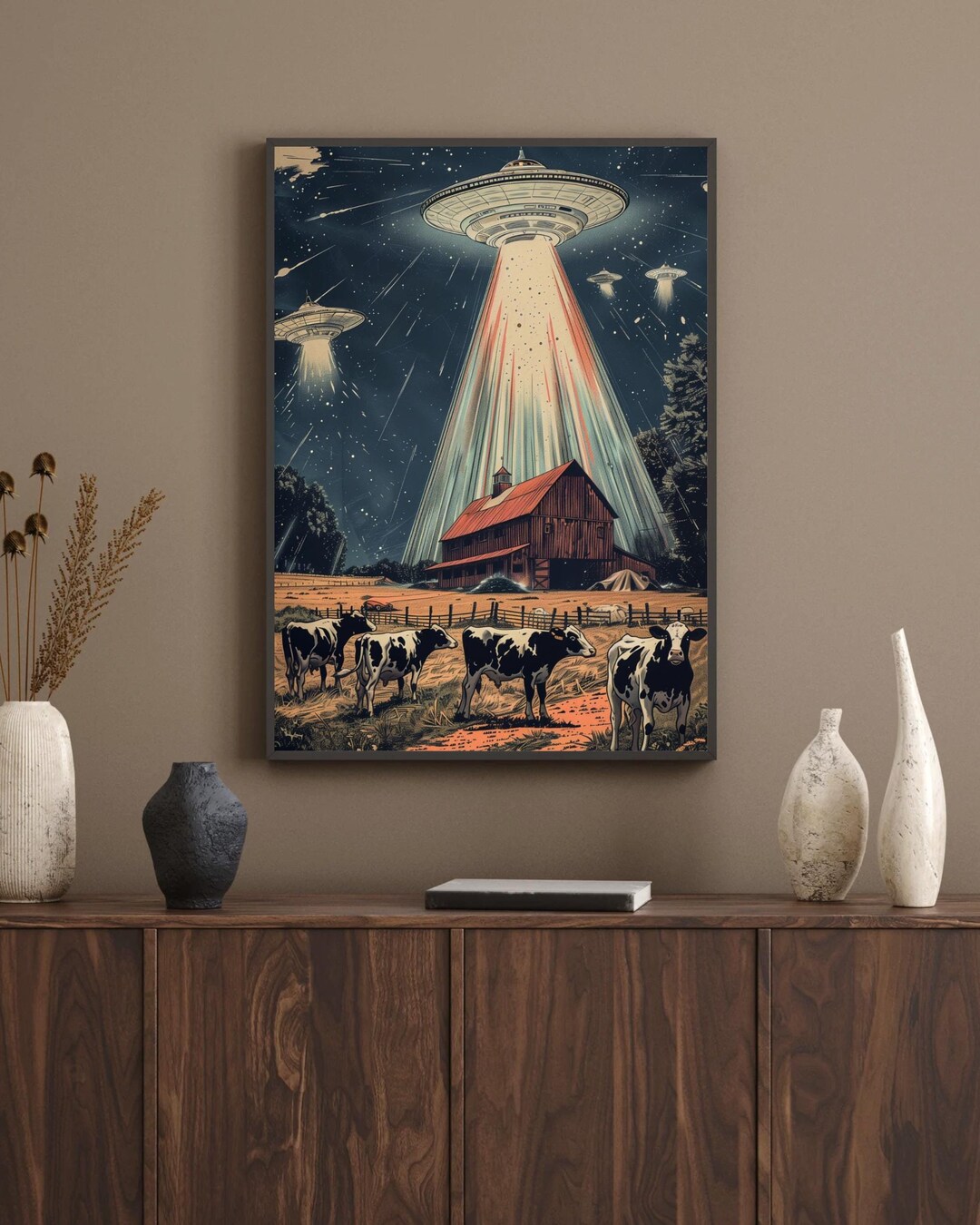 UFO Cow Abduction Art Print: Whimsical Alien Poster - Etsy