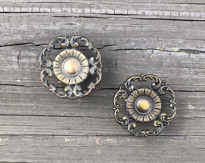 Vintage Brass Finish Filigree Flower Drawer Knobs SET OF 2, Floral Knobs, Drawer Pull, Dresser ...