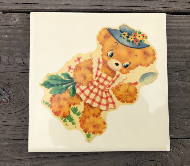 Vintage Wheeling Ceramic Bear Tiles, Mid Century Nursery Decor SETS OF ...