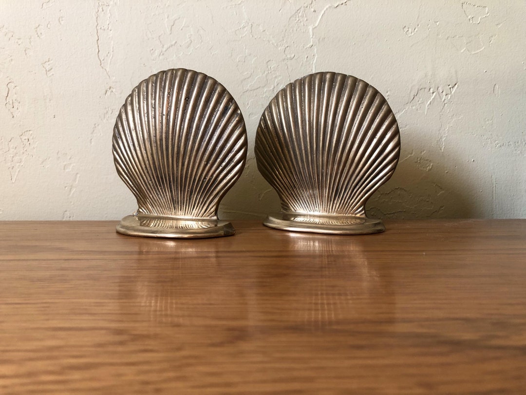 Vintage Brass Shell Bookends SET OF 2, Solid Brass Seashell Bookends, Hollywood Regency, Brass ...