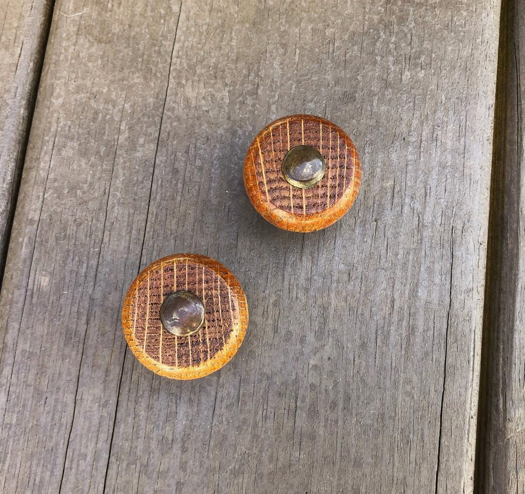 Vintage Wood Drawer Knobs With Metal Centers SET OF 2, Round Drawer Pulls, Mid Century Dresser ...