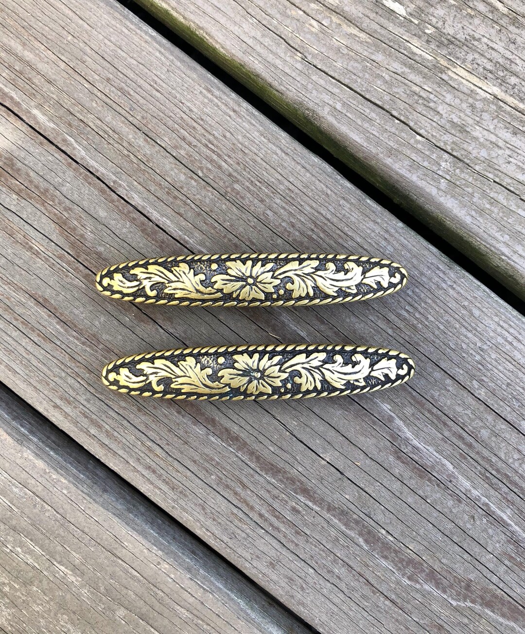 Vintage Antique Brass Finish Drawer Pulls Embossed Flower Leaves 2 ...