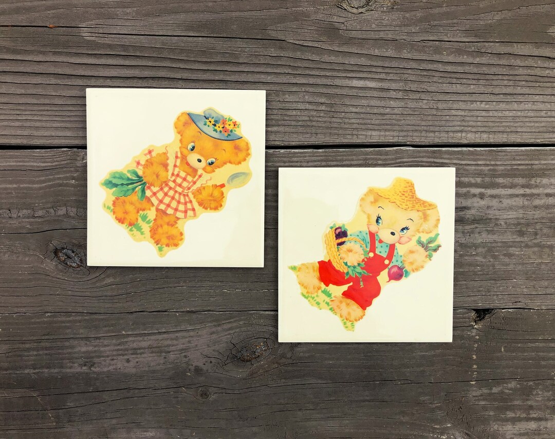 Vintage Ceramic Tiles Bears, SETS OF 2, Wheeling Tiles Farmer Bears ...