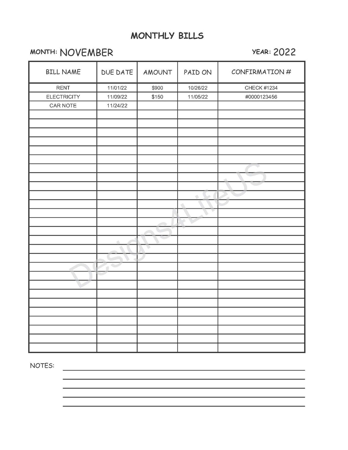 Monthly Bills Payment Form - Etsy
