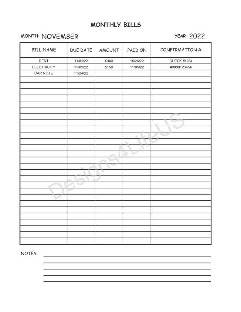 Monthly Bills Payment Form - Etsy