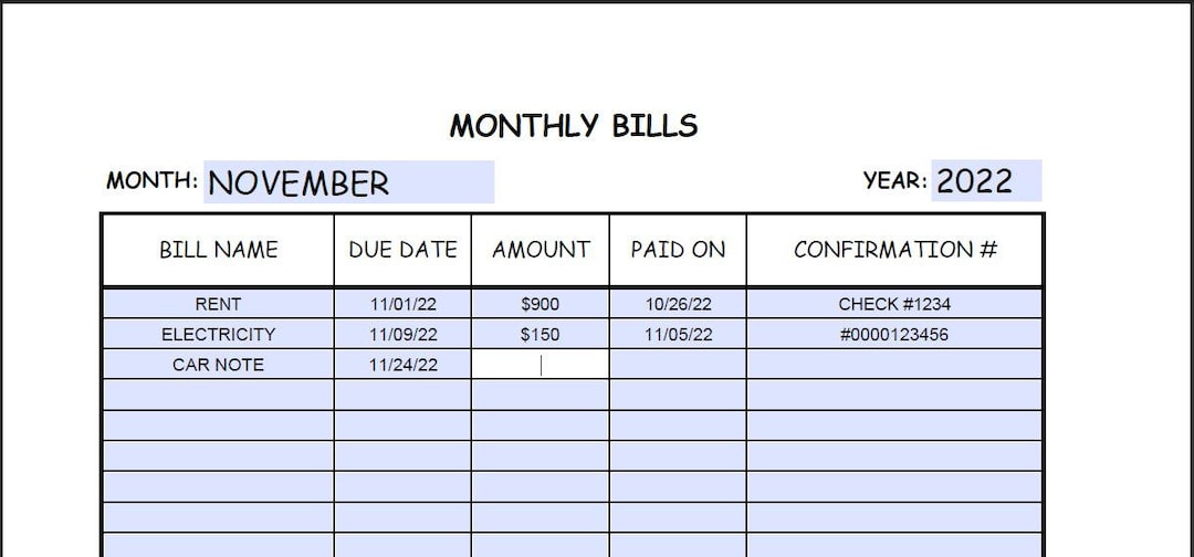 Monthly Bills Payment Form - Etsy