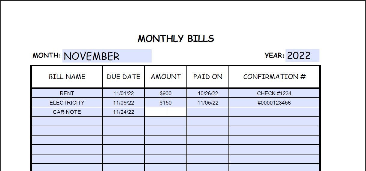 Monthly Bills Payment Form - Etsy