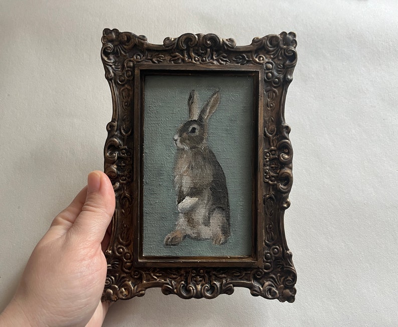 Vintage Framed Bunny Portrait, Gothic Original Handmade Rabbit Painting ...