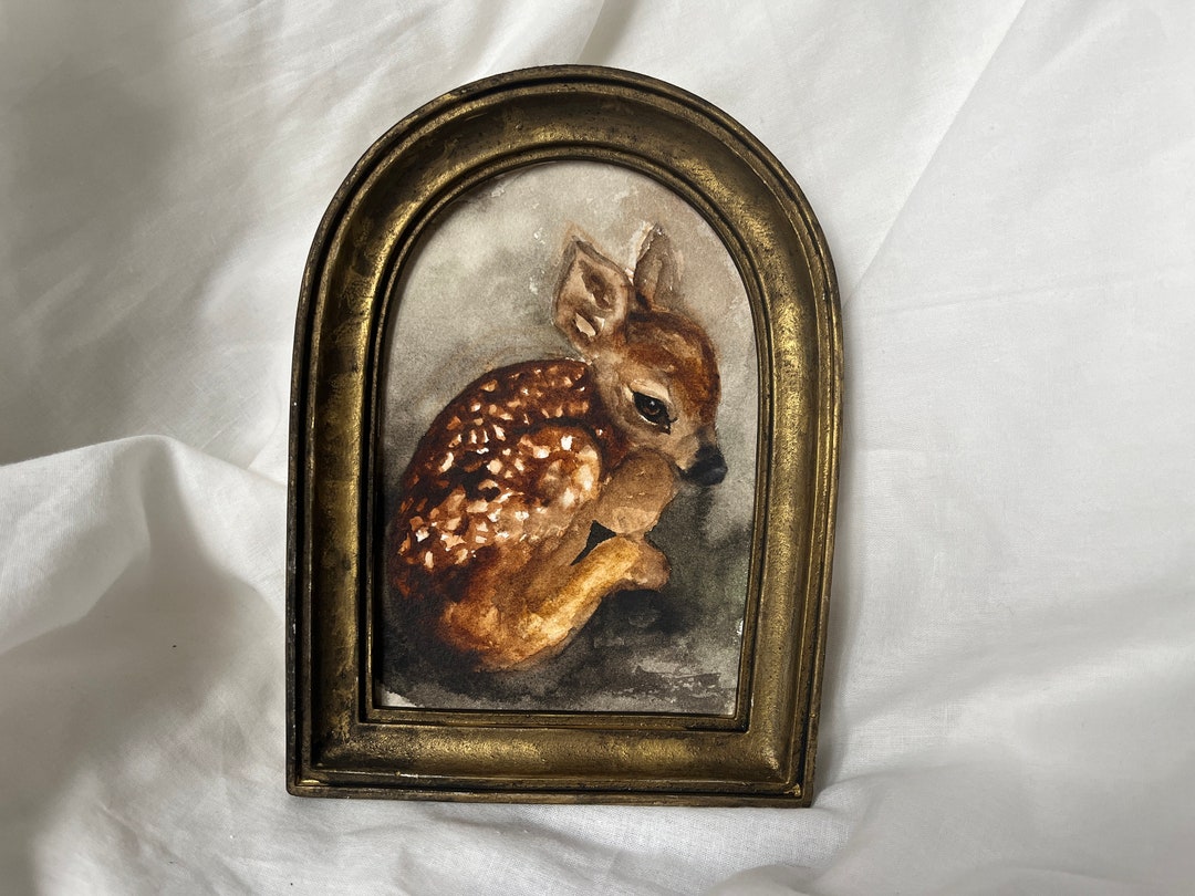 Vintage Framed Deer Portrait, Cute Original Unique Handmade Baby Deer ...