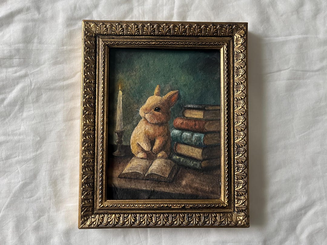 Unique Watercolor Painting of Bunny in the Library - Handmade 8x10 Inch ...