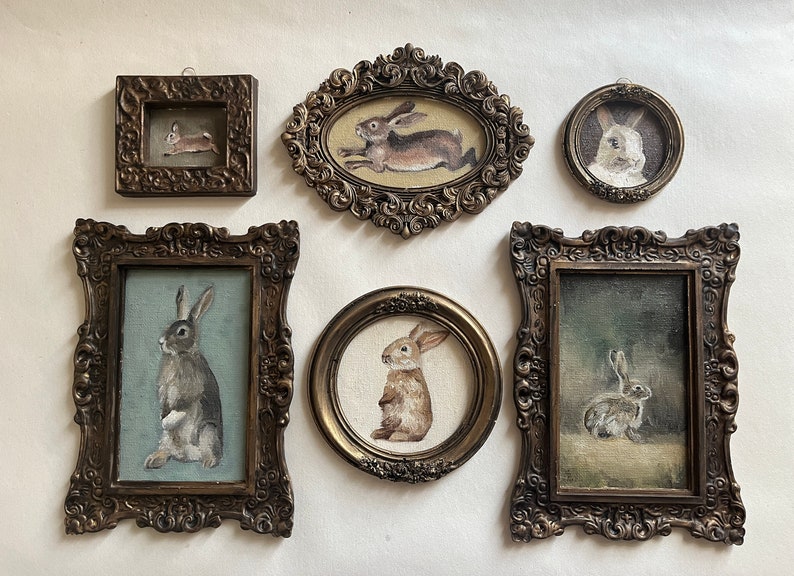 Vintage Framed Bunny Portrait, Gothic Original Handmade Rabbit Painting ...