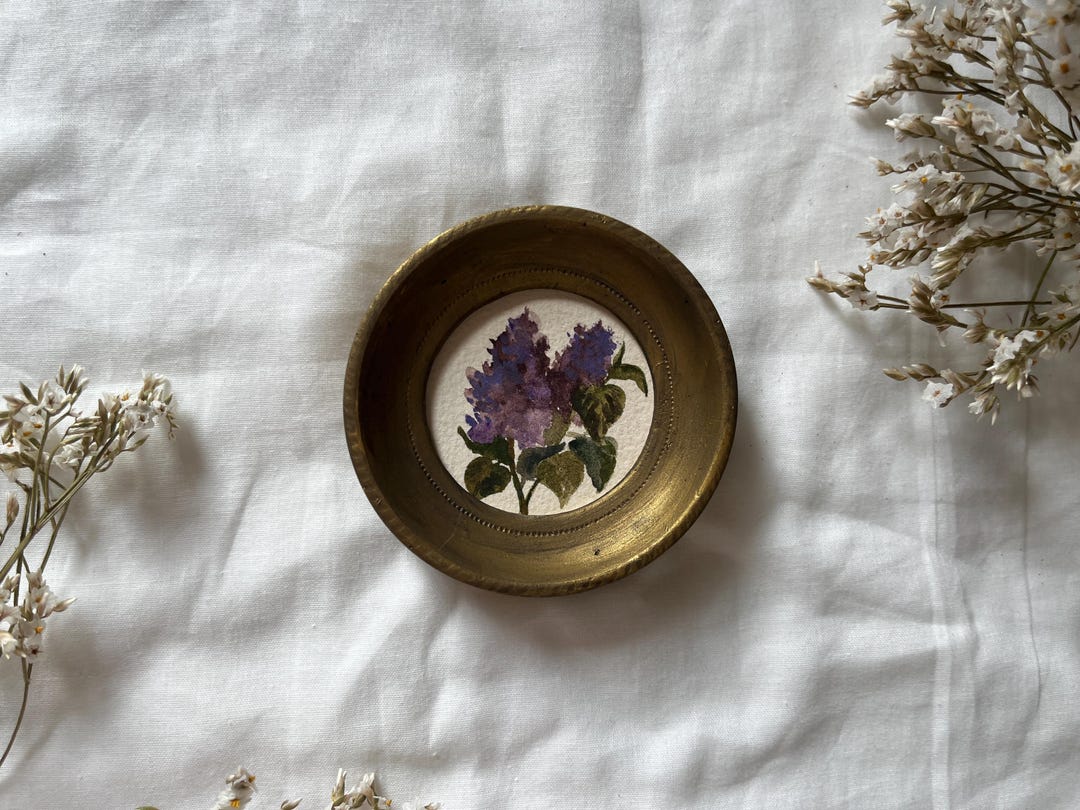 Small Round Framed Flowers Classical Watercolor, Tiny Art, Vintage ...