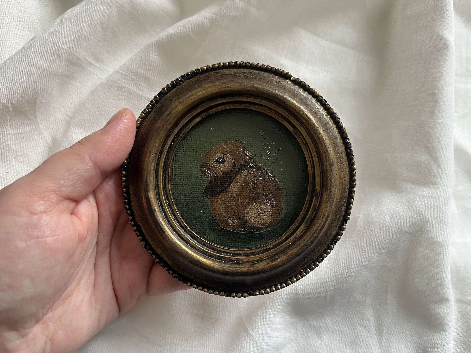 Round Vintage Framed Bunny Portrait, Gothic Original Handmade Rabbit ...