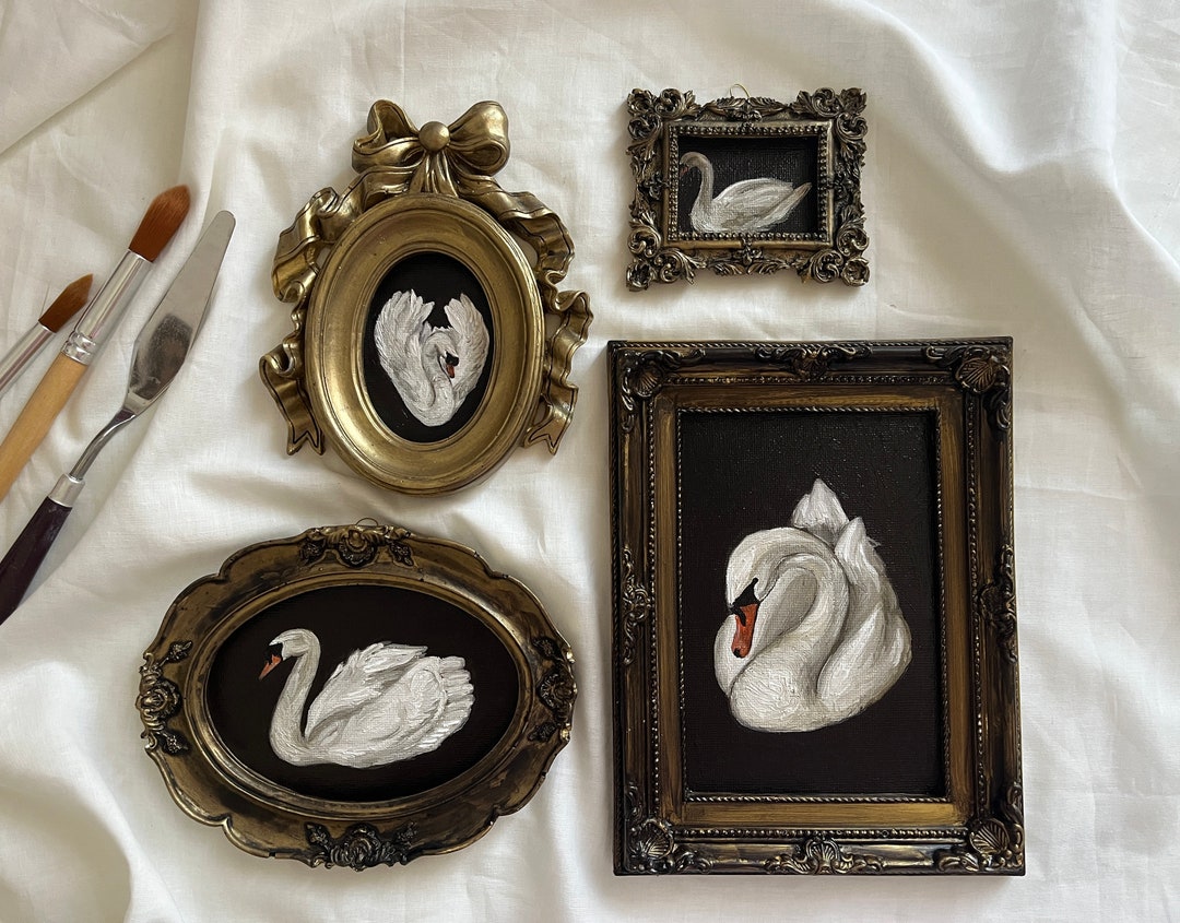Framed Swan Oil Painting, Golden Framed Swan Oil Painting, Original ...