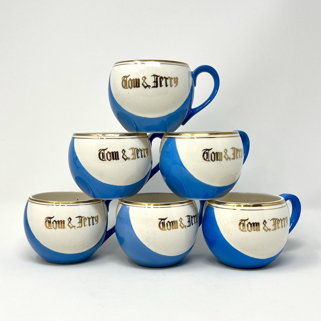 Set of 6 Blue and White Ceramic Tom & Jerry Holiday Eggnog Punch Roly ...