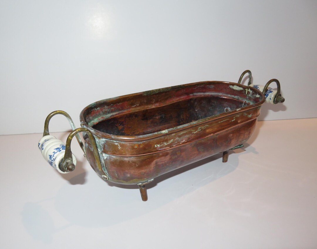 Vintage Copper Trough, Blue and White Porcelain Handles, Stunning Piece ...