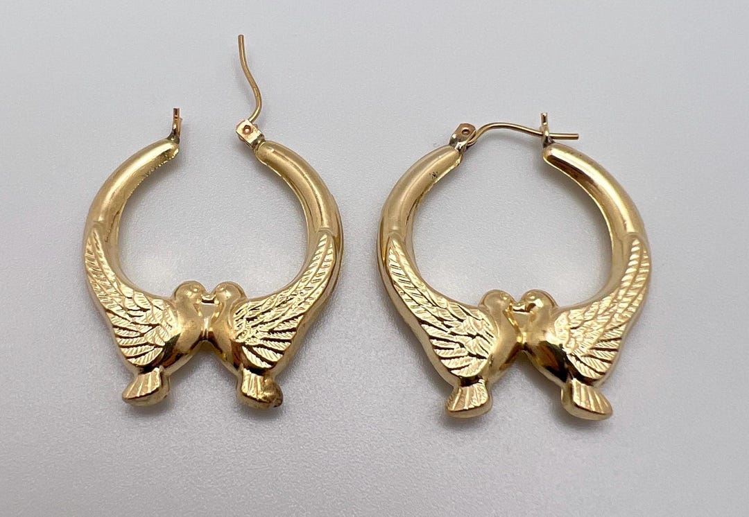 10K Yellow Gold Dove Kissing Hoop Earrings - Etsy