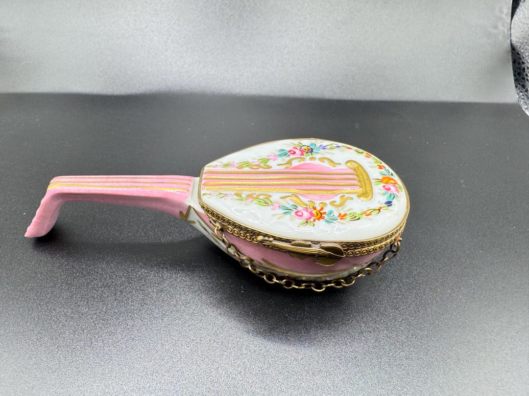 Vintage Limoges France Pink Floral mandolin Lute With Metal Chain Gold ...