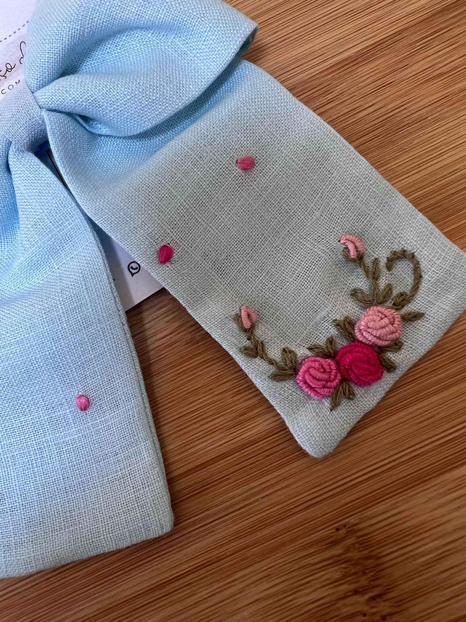 Hand Embroidered Linen Hair Bows, Size 12cm With Flowers Roses ...