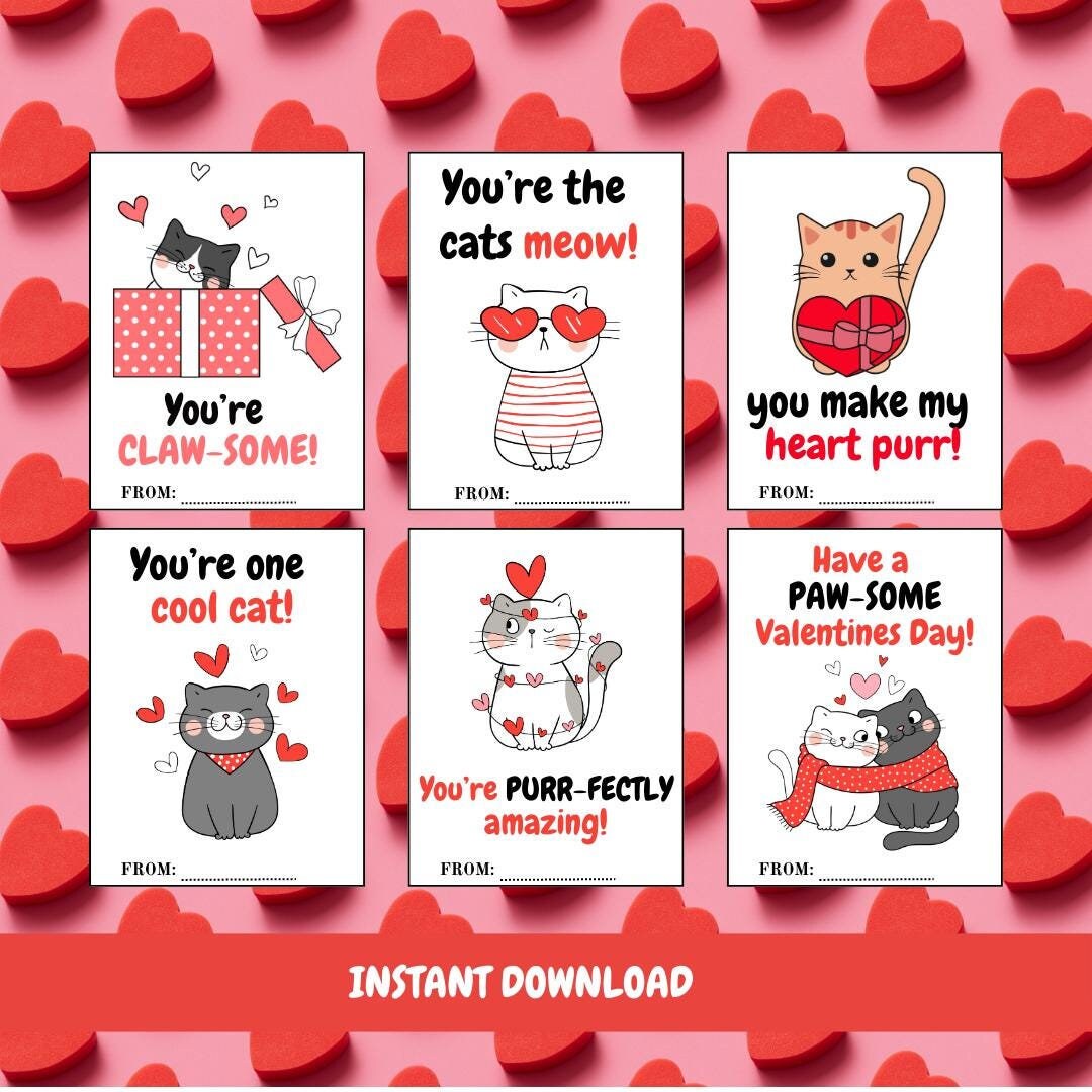 Cat Valentine Cards, Printable Kids Valentines, Classroom Valentine ...