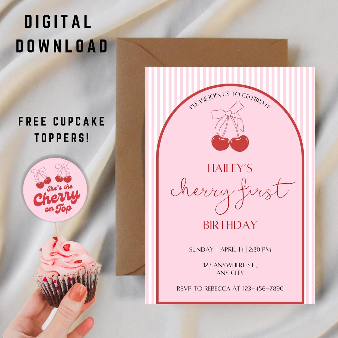 Cherry First Birthday Invitation - Cherry Theme Birthday Party - Spring ...