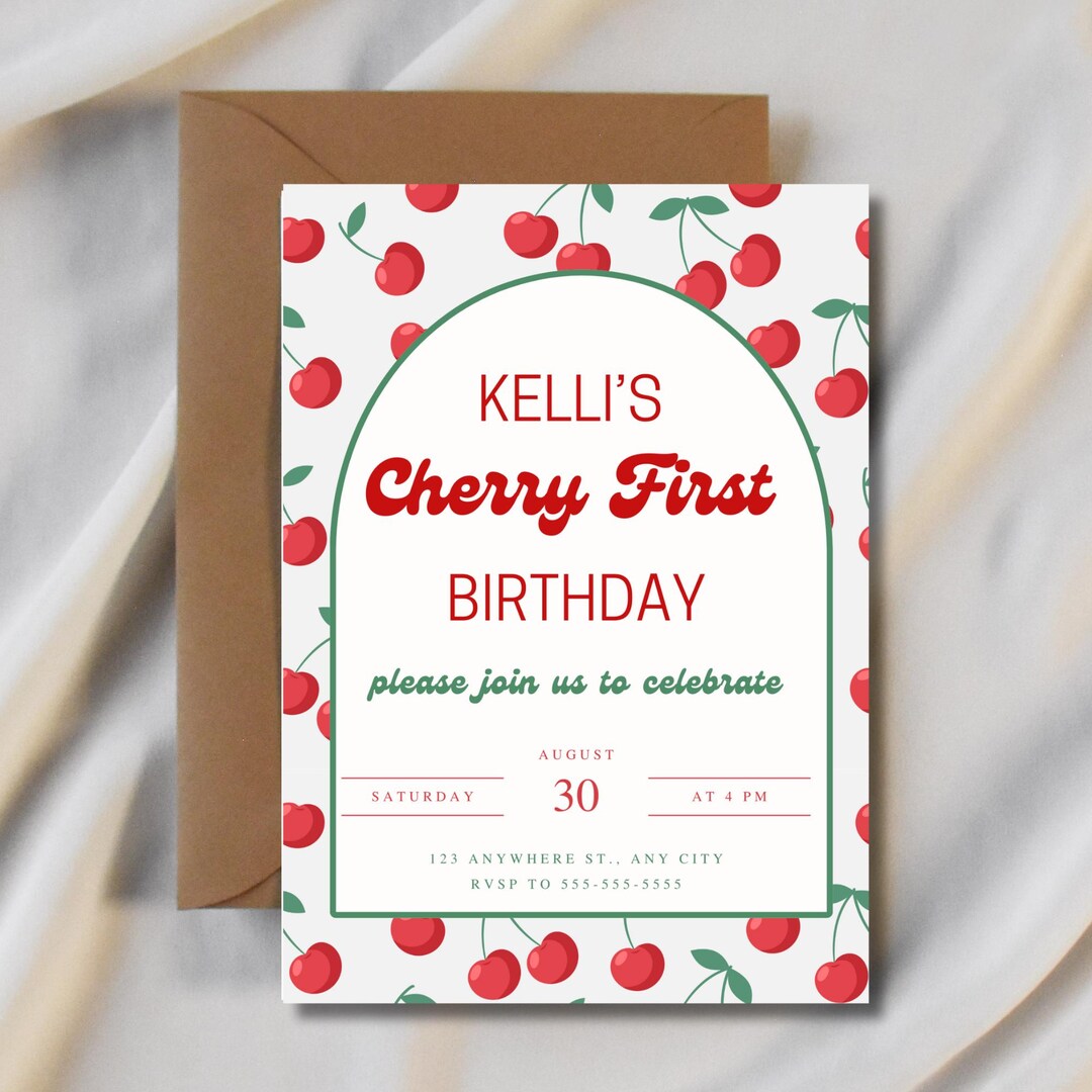 Cherry First Birthday Invitation - Editable Digital Download | Cute ...